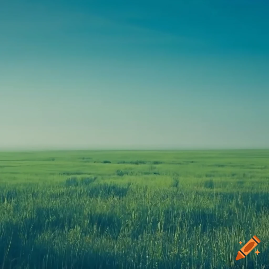 Dreamy and fake looking grass field at the morning with very blue sky