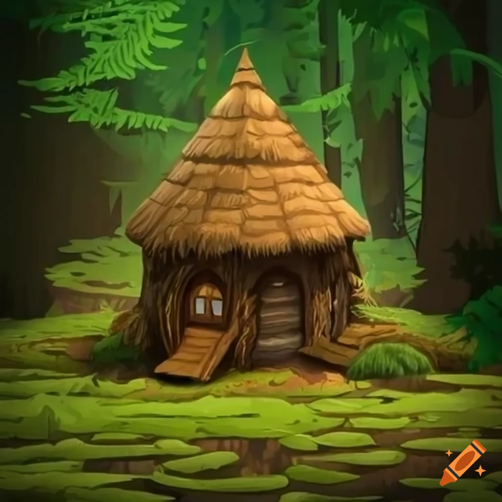 Cartoon image dwarf house made of fern and moss bark roof in the forest ...