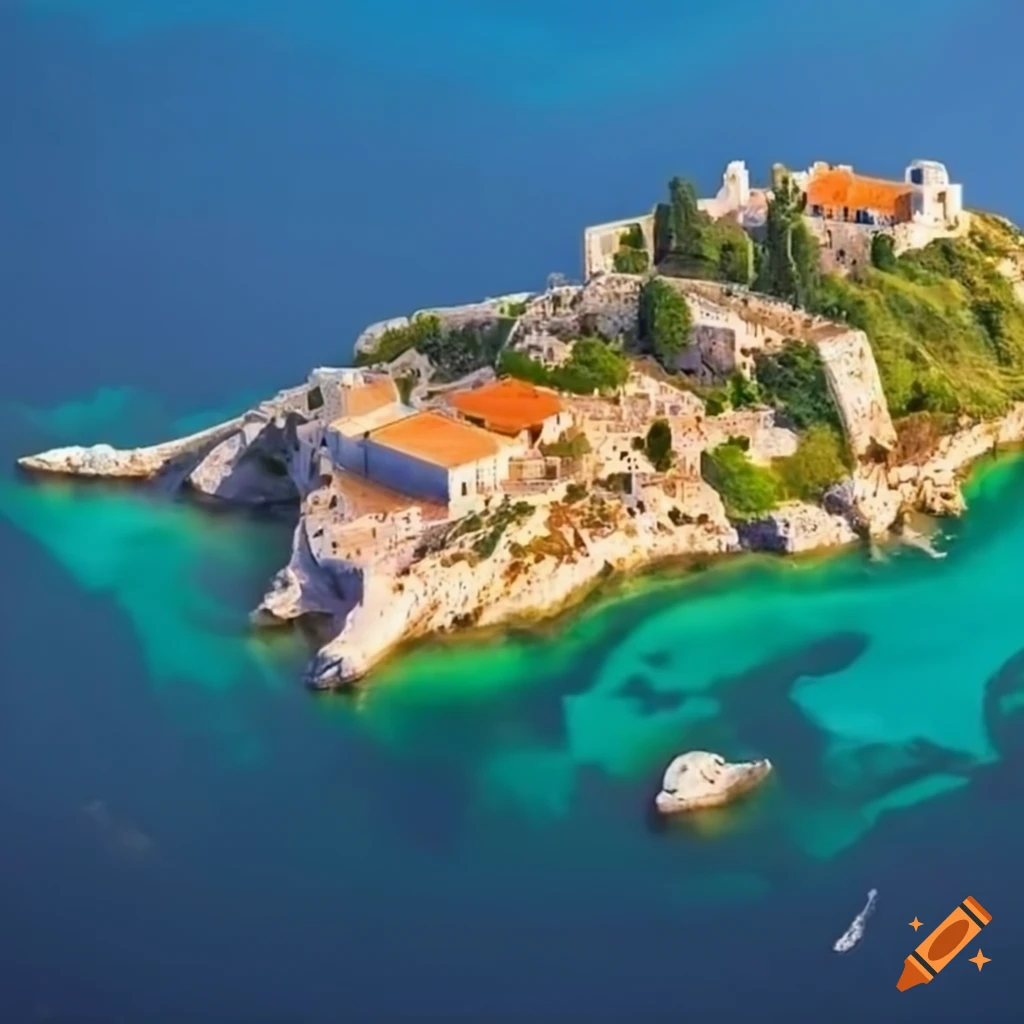 Ariel view of a small island, dotted with many ancient greek buildings