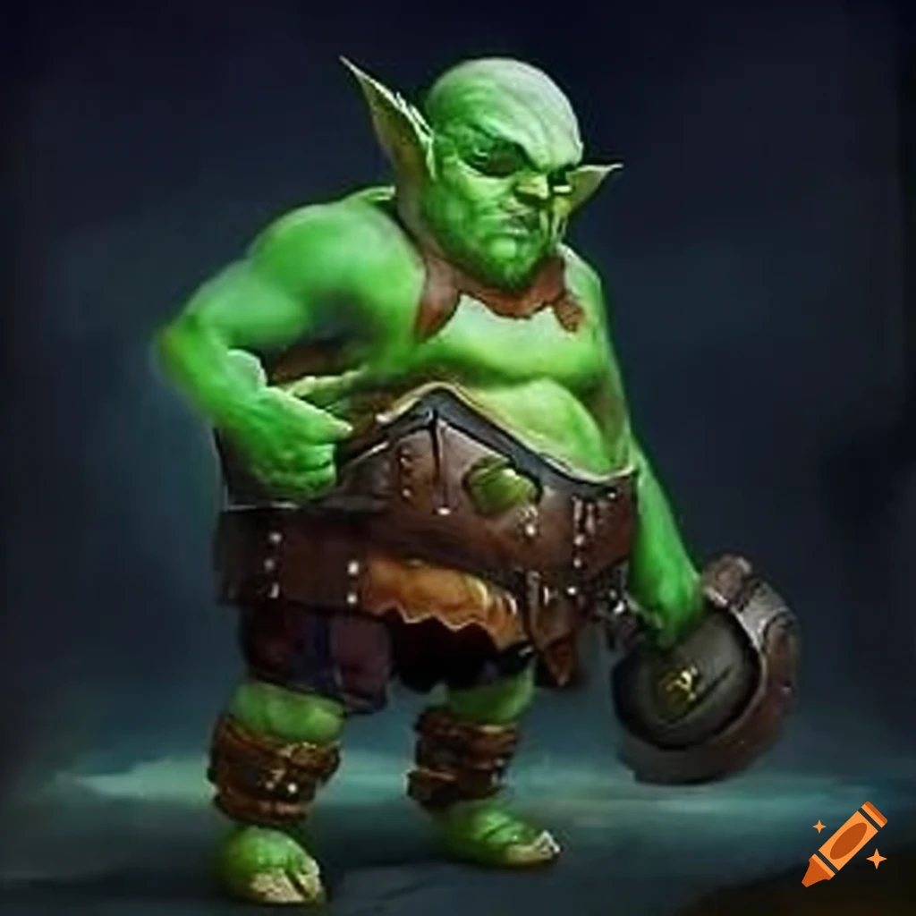 Fat bald green-skinned goblin male with a large belly wearing leather ...