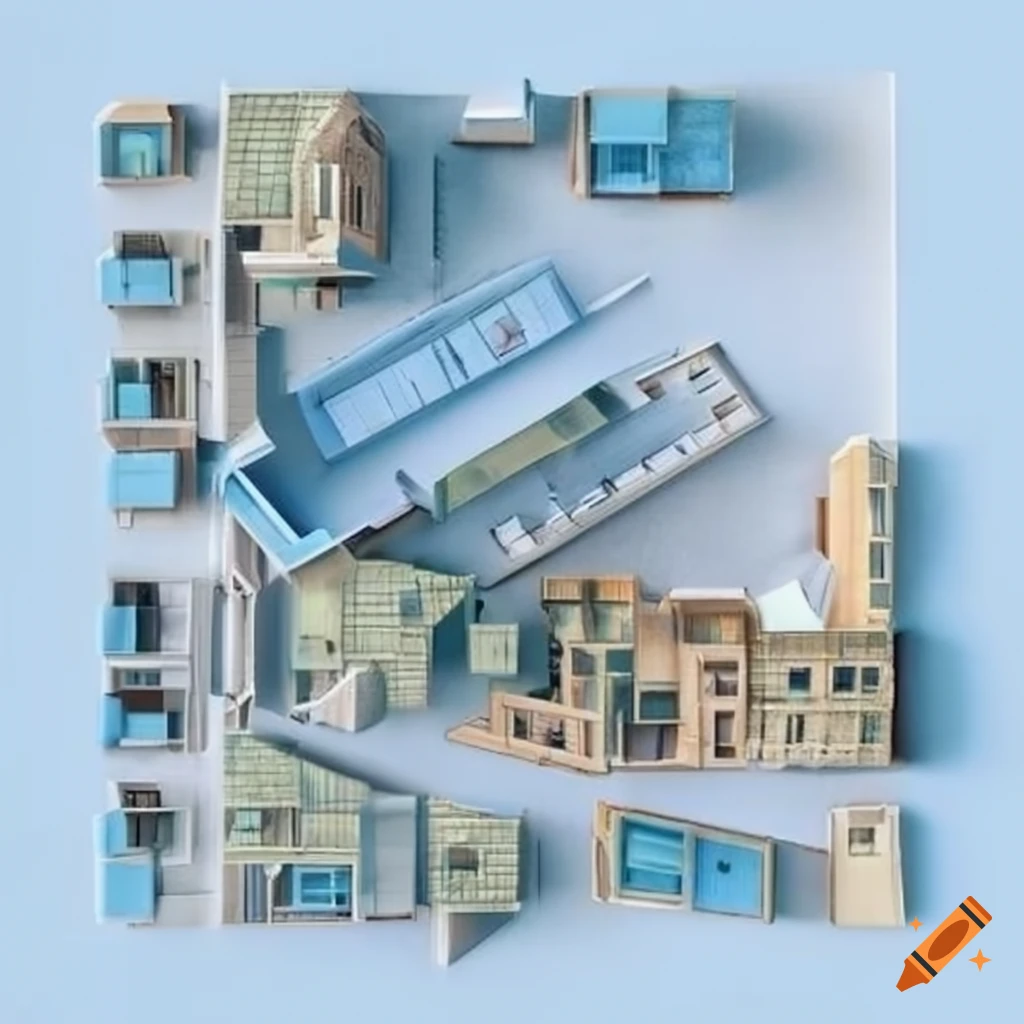 Village plan, architecture business blueprint model, birds eye view on ...