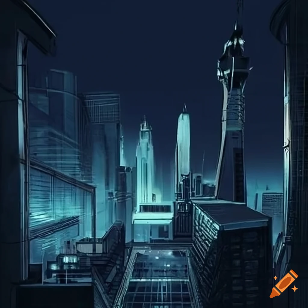 A futuristic rooftop set in a gotham noir drawn in 1 point perspective