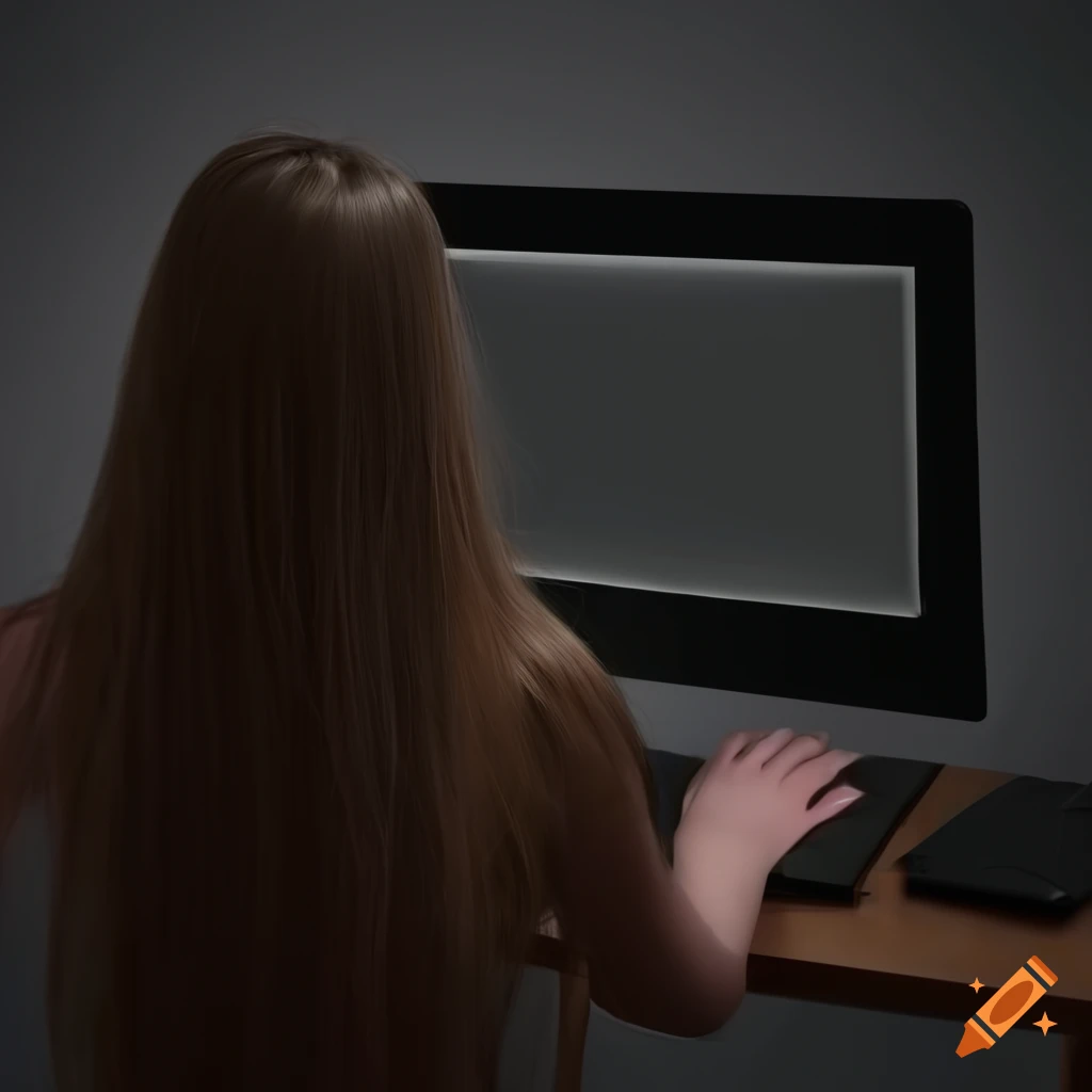 Realistic long haired girl facing her back, working on her computer ...