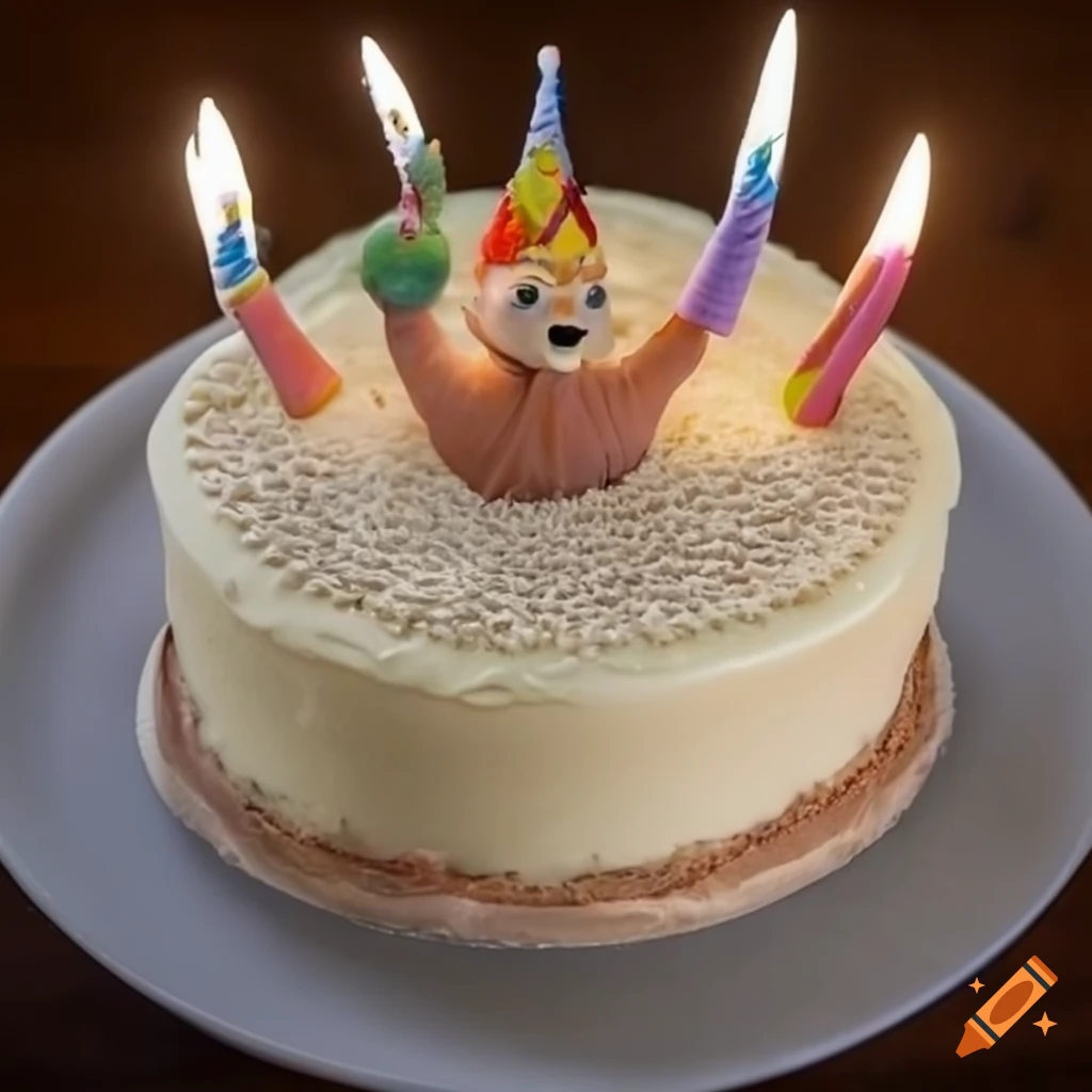 An anthropomorphic birthday cake on Craiyon
