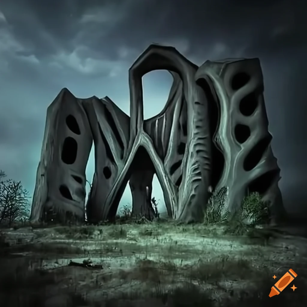 Weird abandoned polygonal twisted alien building in a dark toxic land