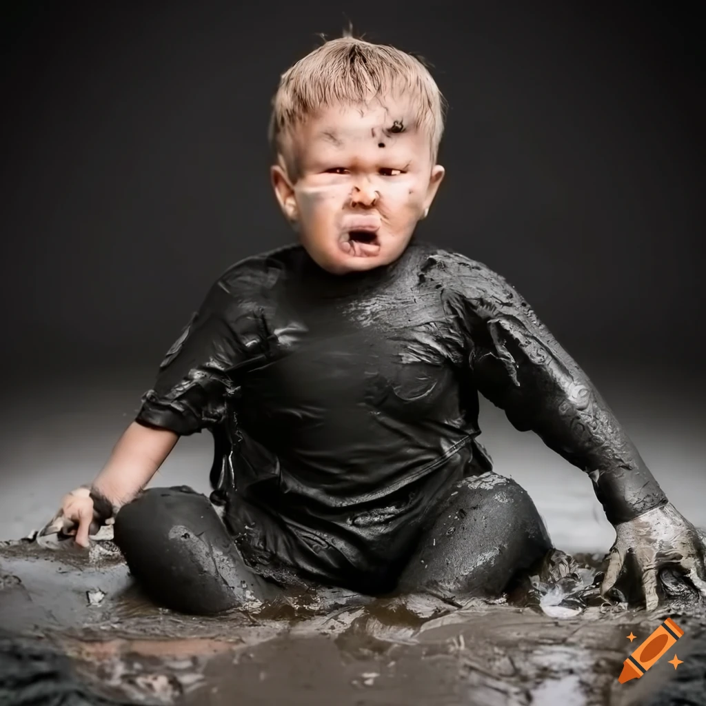 Toddler boy in black police rubber shirt playing in puddle of mud with ...