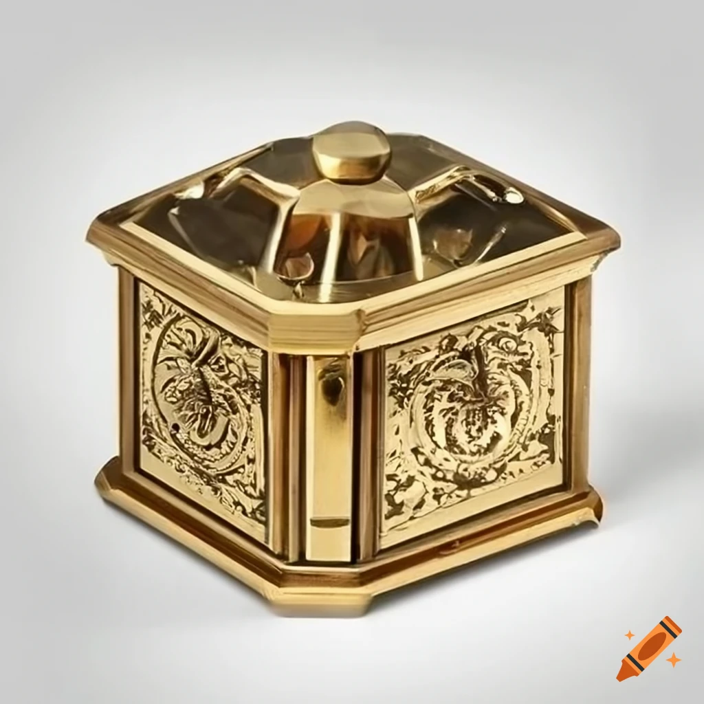Large brass and crystal cone puzzle box with engravings on Craiyon