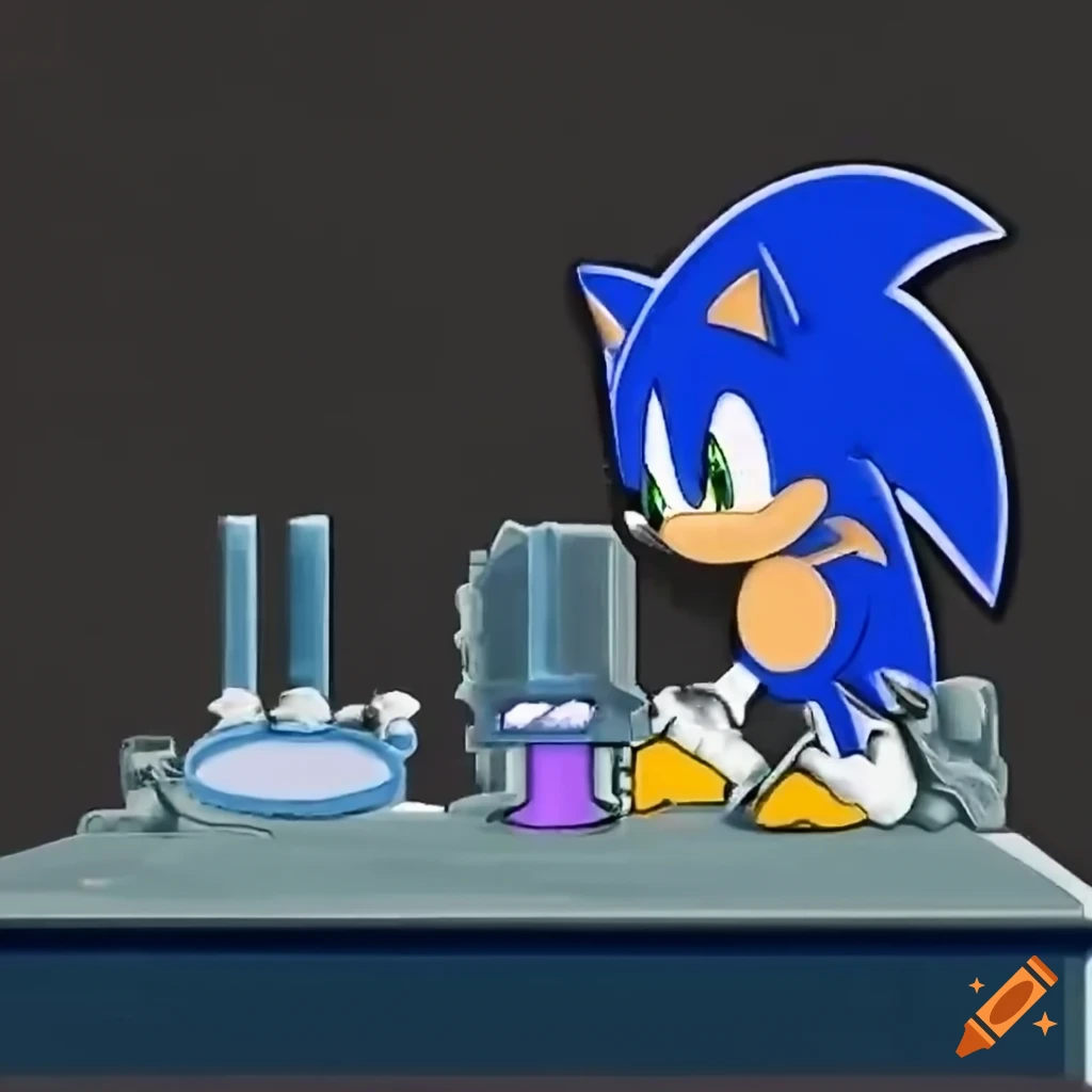 Sonic the Hedgehog peering over white crystals, in a chemistry laboratory, dark ominous lighting ...