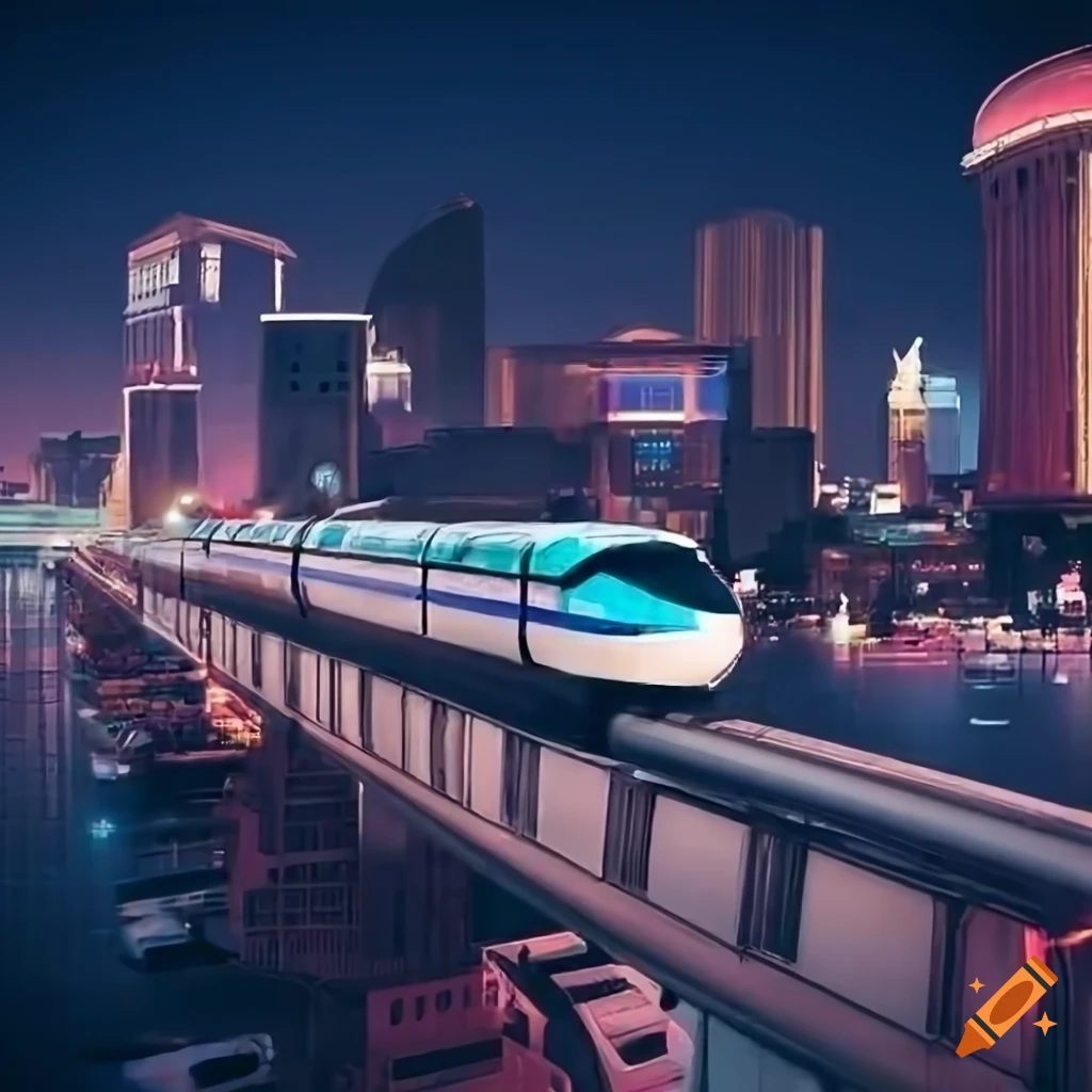 A nightly view of Las Vegas monorail. The monorail crossing a bridge ...