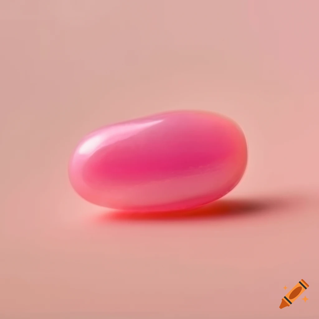 Image of a small, glossy pink jelly bean on a light pastel background on Craiyon