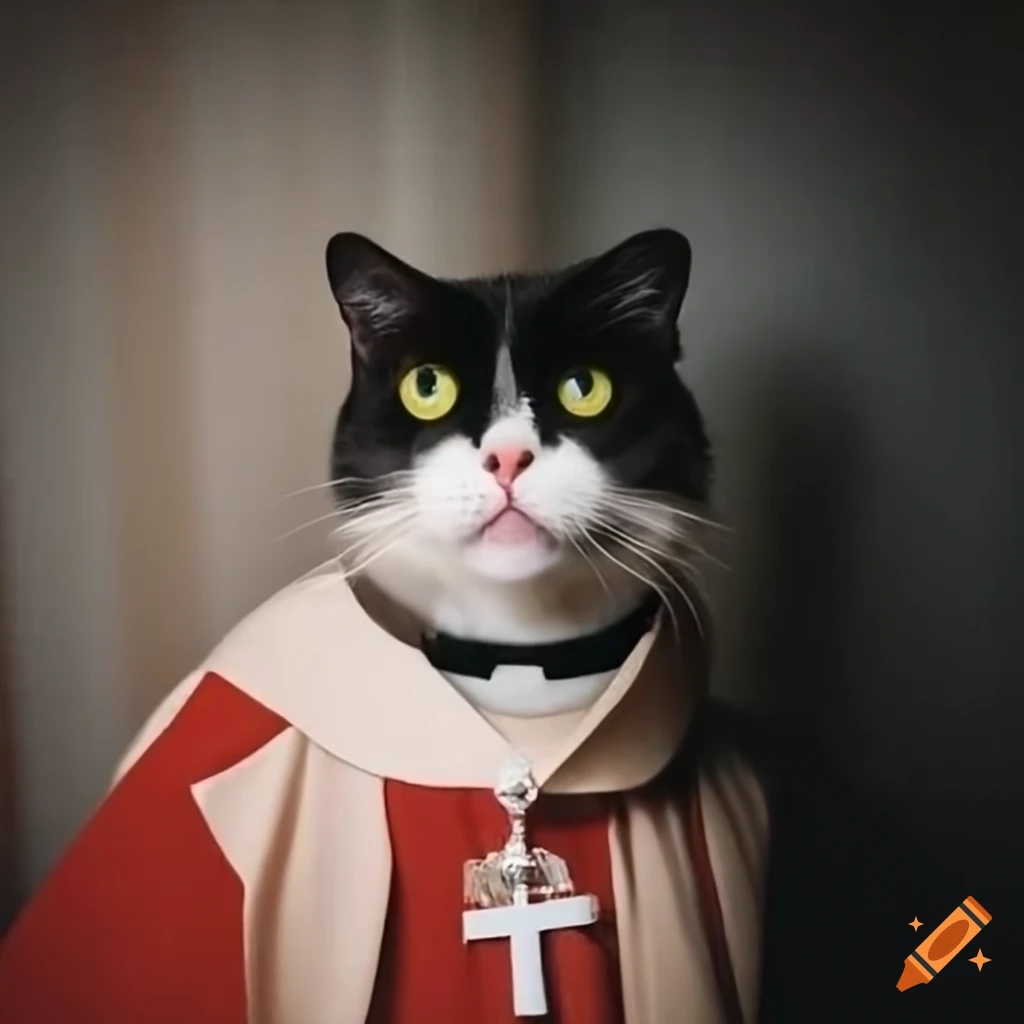 A beautiful cat dressed as a priest holding a beautiful catholic rosary ...