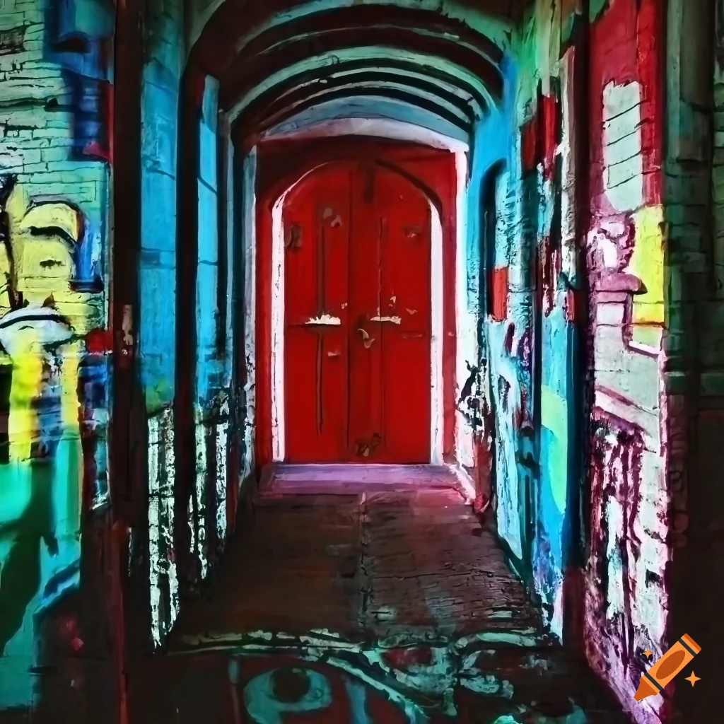 Labyrinth hallways grimey with red doors cement walls with graffiti ...