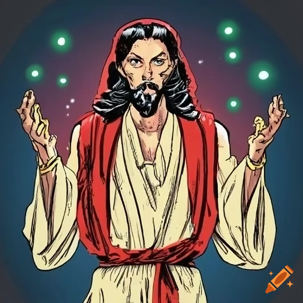 Kung-fu jesus drawn in the style of ec comics from the 1950s