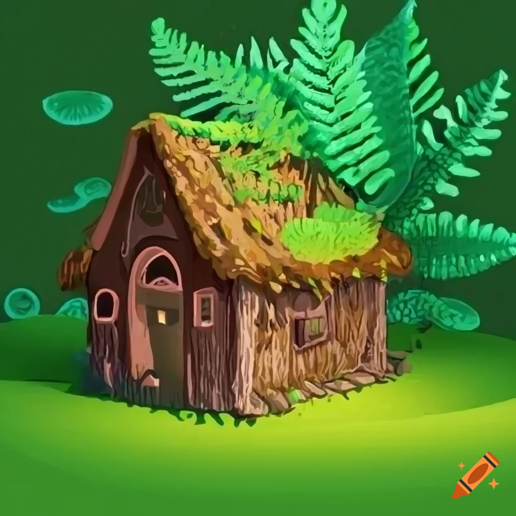 Cartoon image dwarf house made of fern and moss bark roof in the forest ...