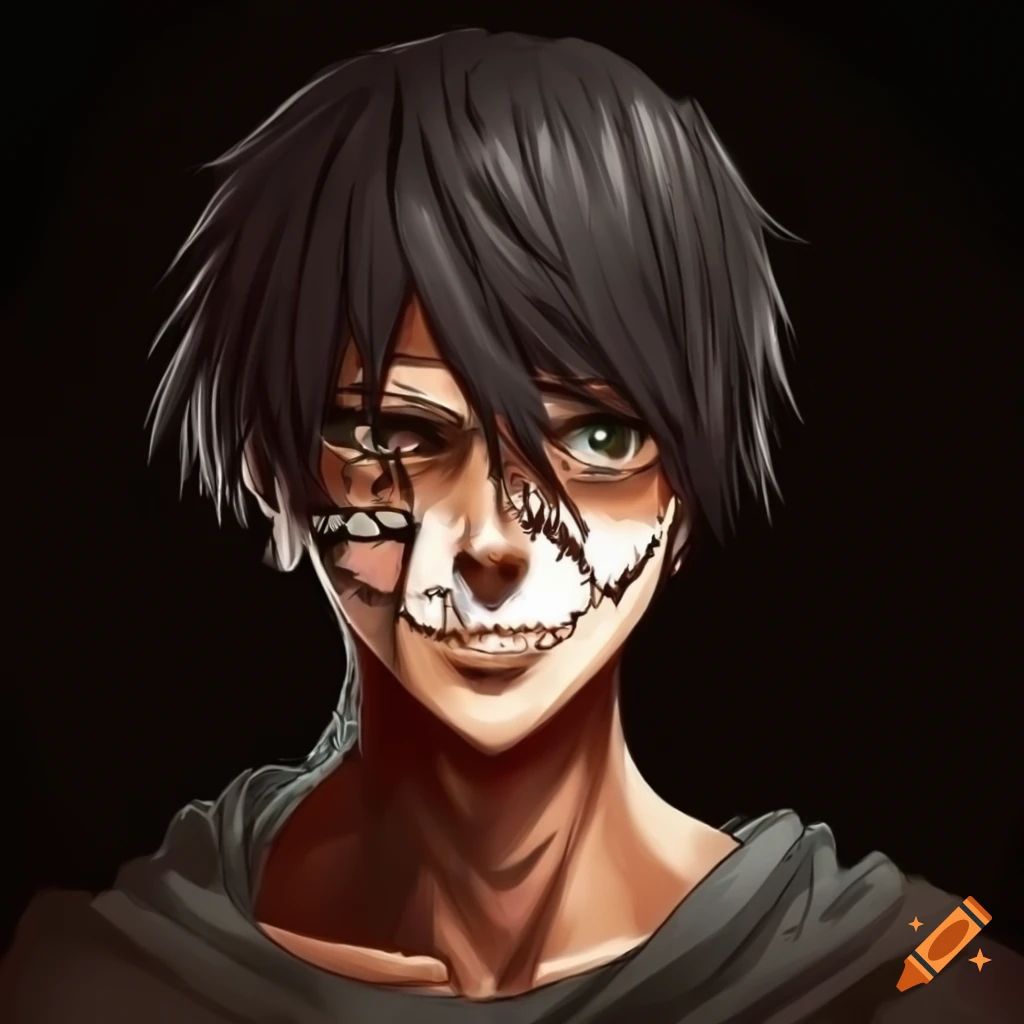Hispanic anime man with half of face as a skull on Craiyon