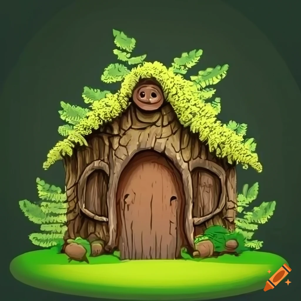 Cartoon image of dwarf house made of fern and moss roof made of bark in ...