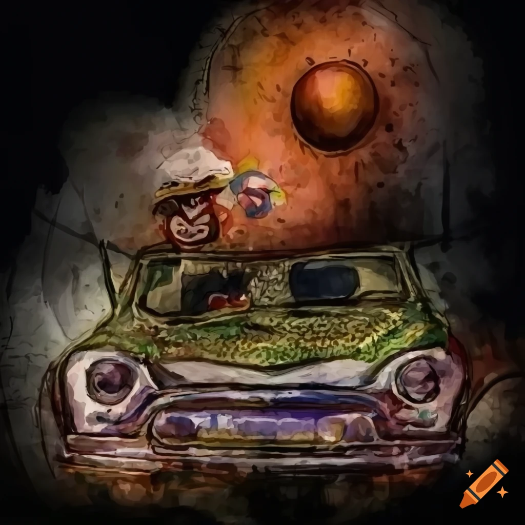 Artistic watercolor of an alligator driving a car with a clown. dark ...