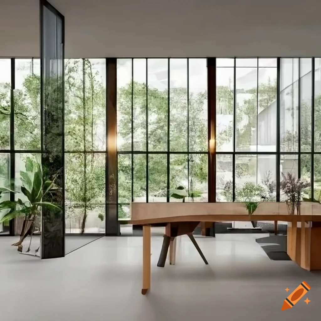 A sleek contemporary workspace with elevated tables and natural ...