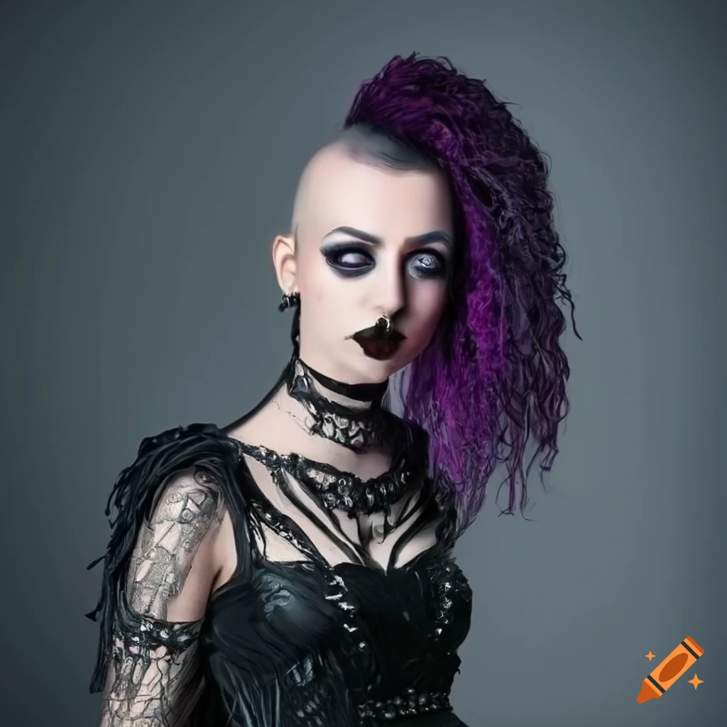 A woman with a shaved head in goth attire on Craiyon