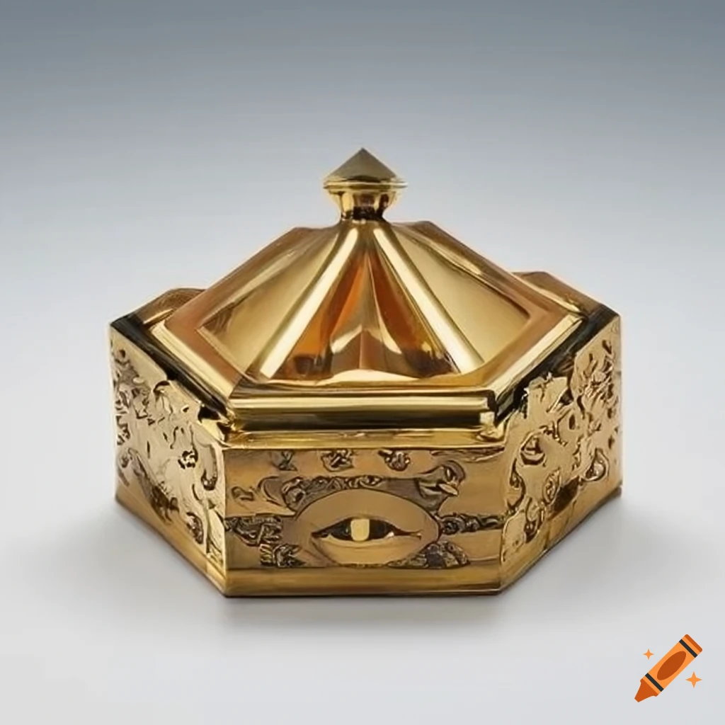 Large brass and crystal cone puzzle box with engravings on Craiyon