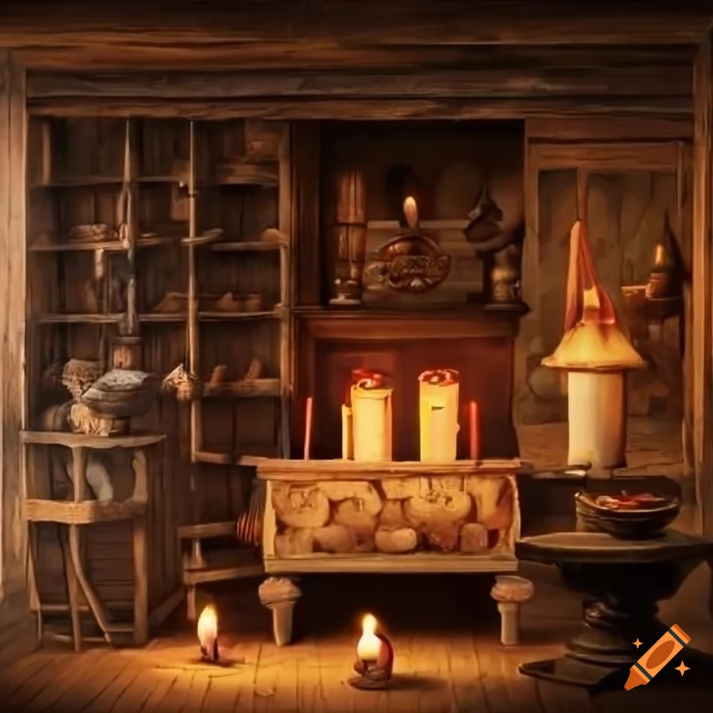 A medieval-style room with food, candles, and shelves displaying items ...