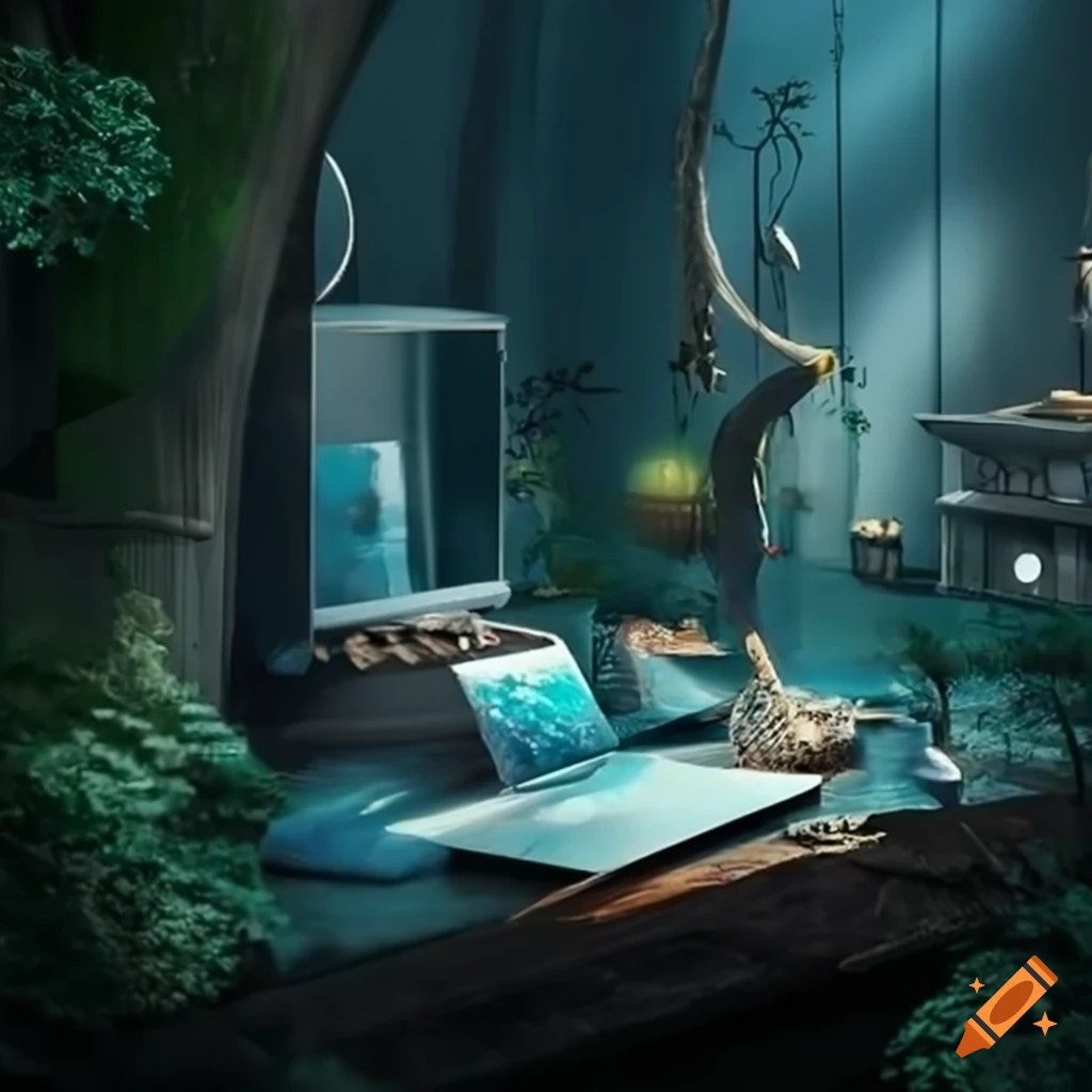 Isomorphic 3d rending of a home office styled to look like a high tech ...