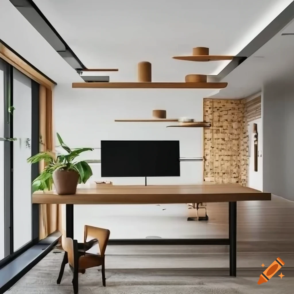 A sleek contemporary workspace with elevated tables and natural ...