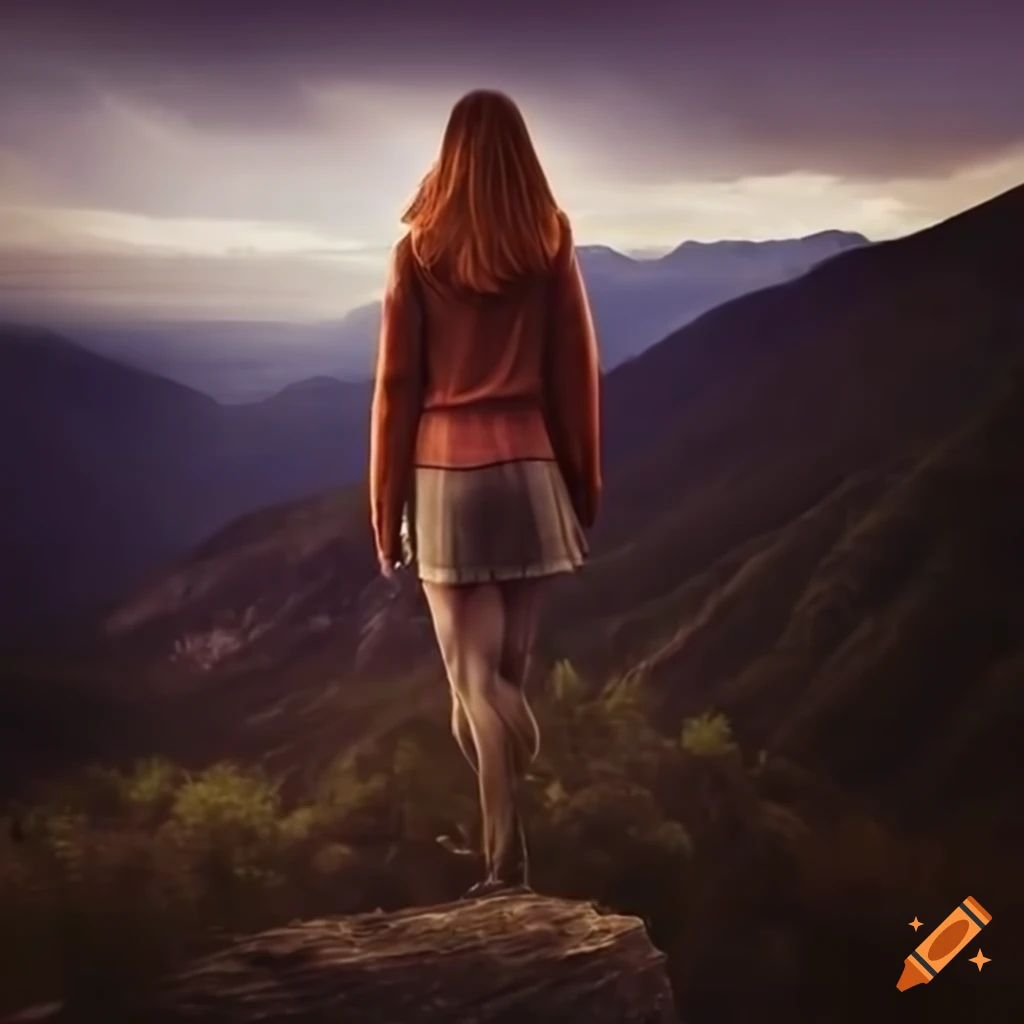 Woman looking forward from mountain