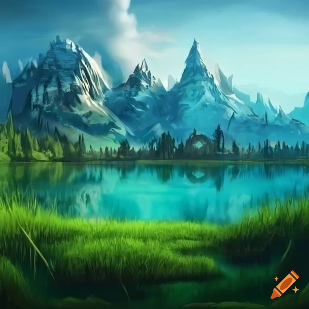 Fantasy landscape rpg mountains lake green grass tree