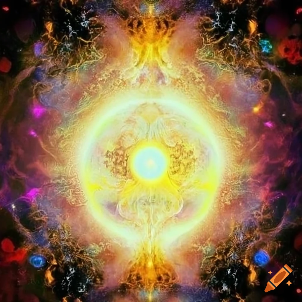 A luminous and almighty golden cosmic entity, shimmering with the ...