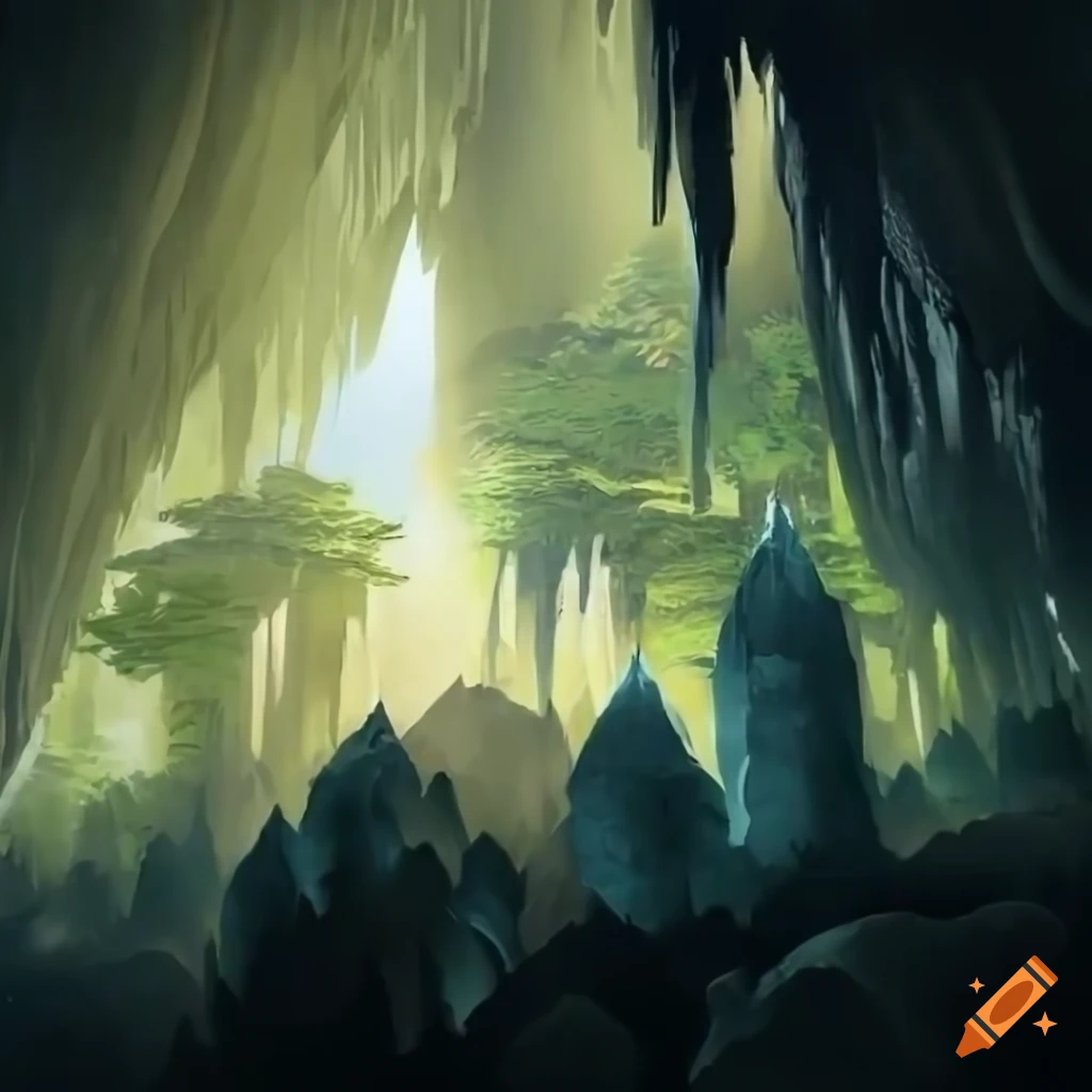 Japanese-style artwork of an enchanting cave full of giant crystal ...