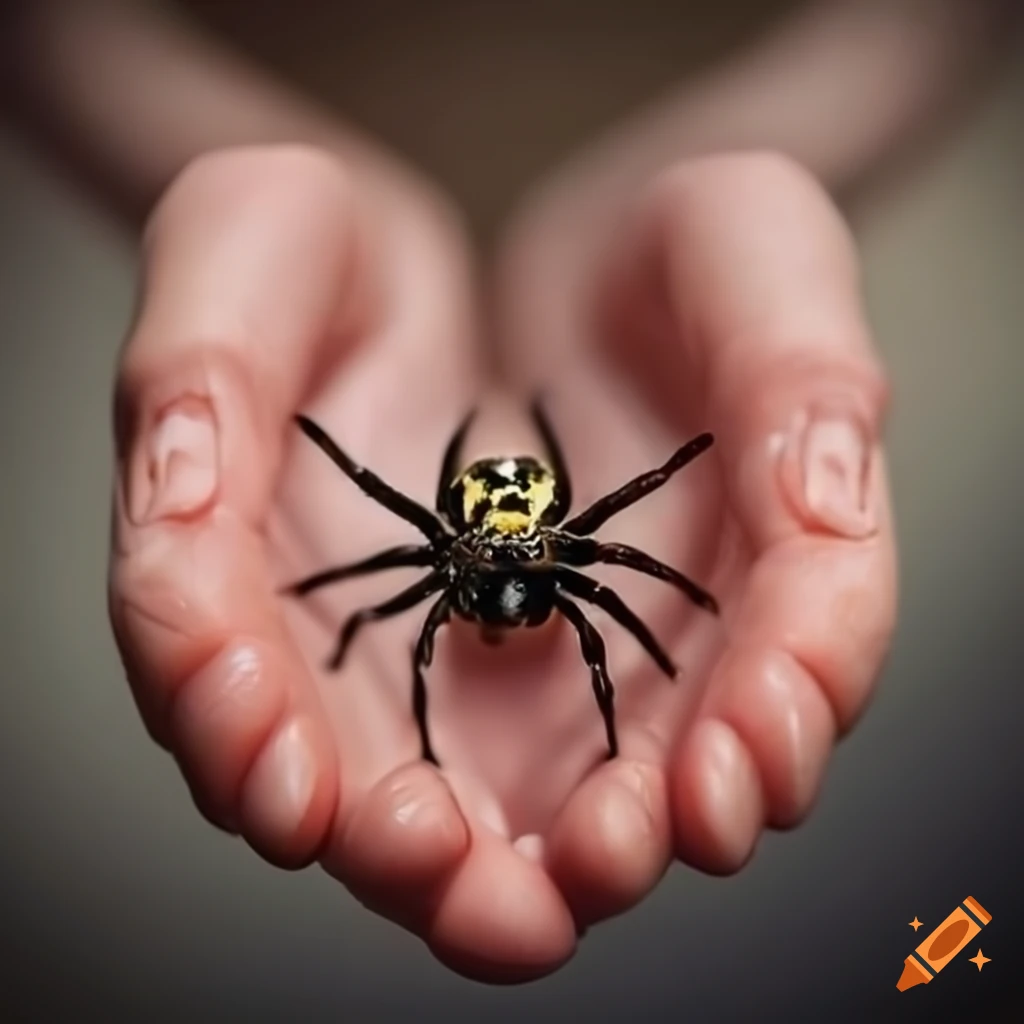 A persons hand holding a friendly spider on Craiyon