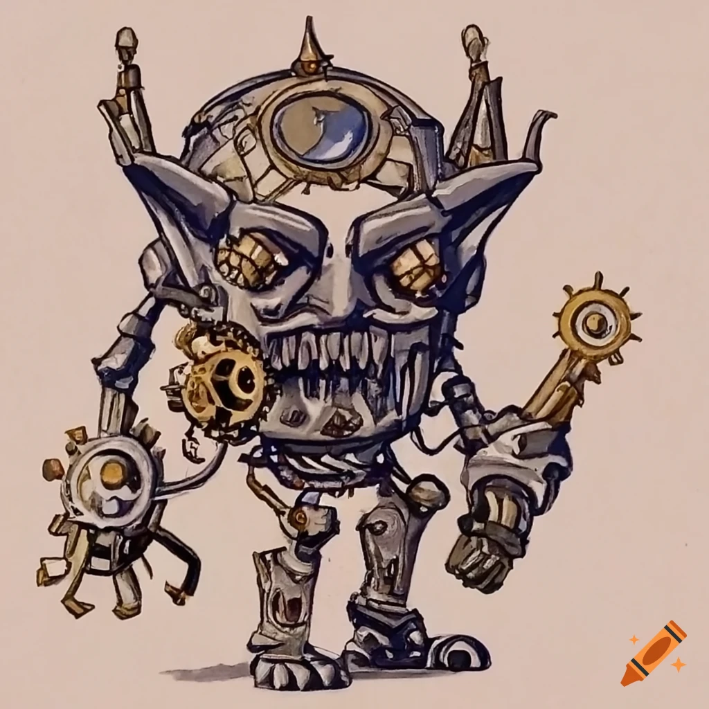 A mechanical goblin with intricate clockwork details