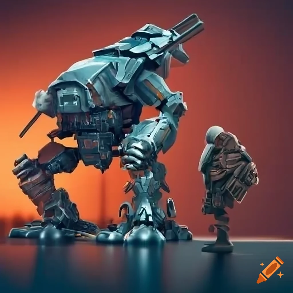 Hunchback battlemech standing next to a freeway overpass