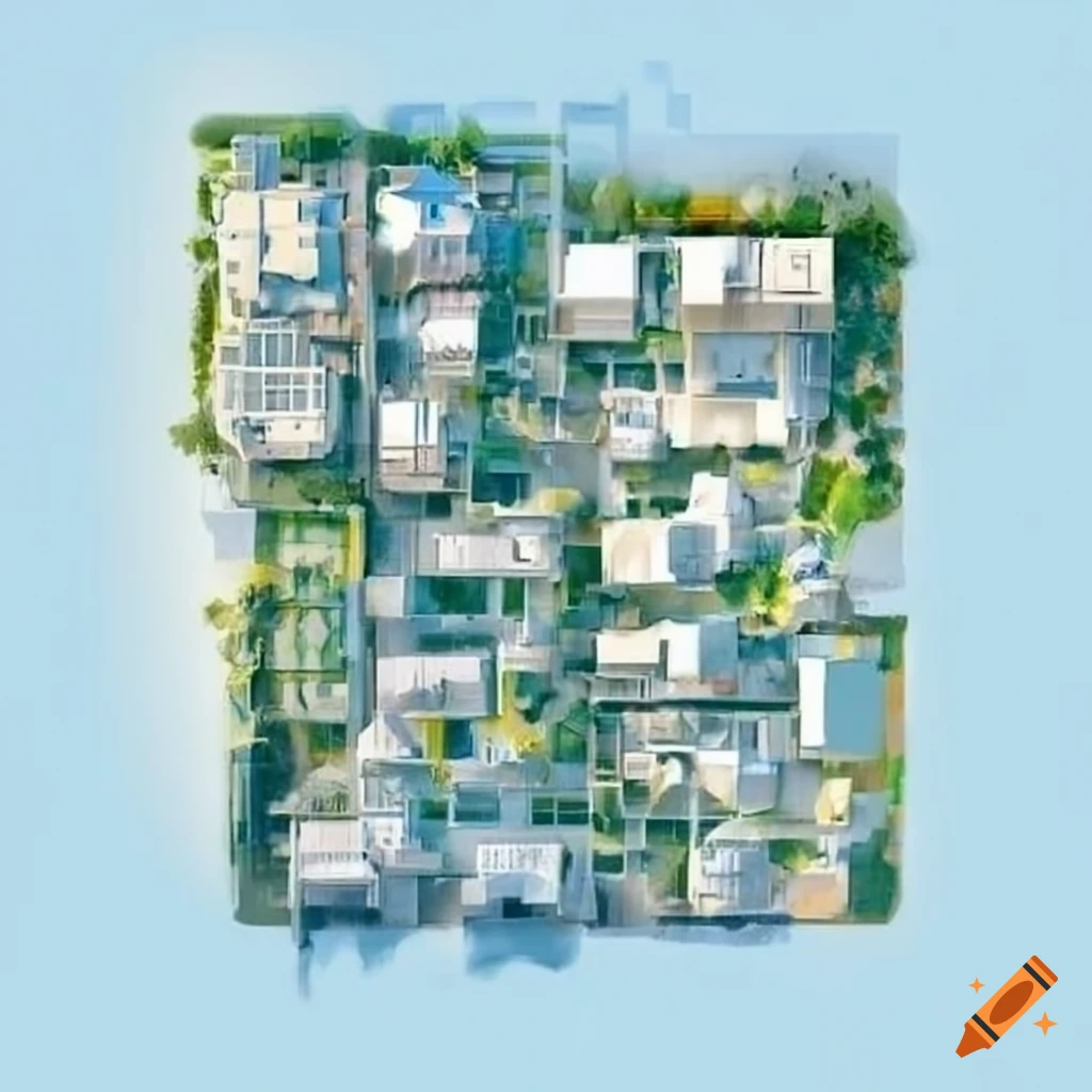 Village plan, architecture business blueprint model, birds eye view