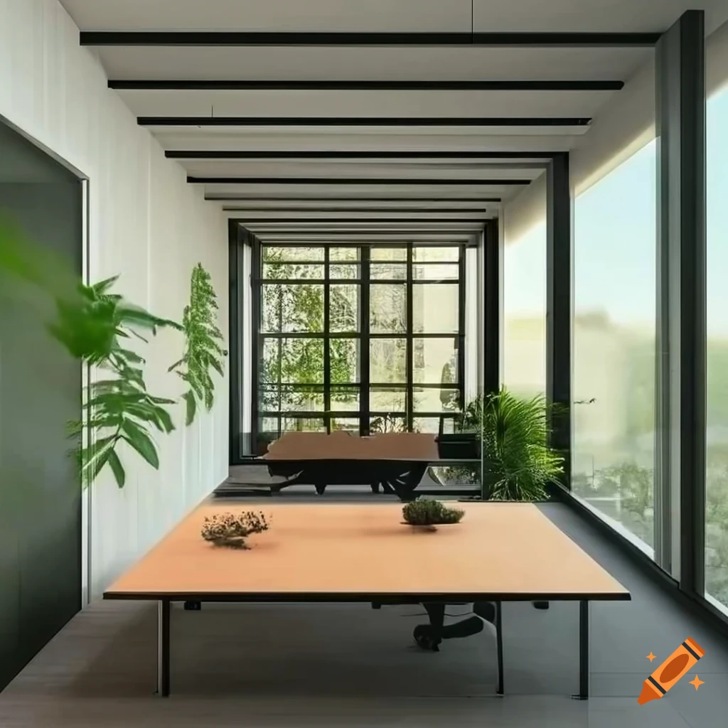 A sleek contemporary workspace with rectangle elevated tables and natural lighting and many ...