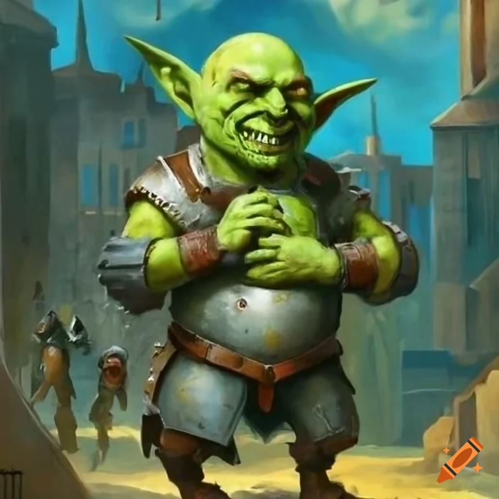 Fat bald green-skinned goblin male with a large belly wearing leather ...
