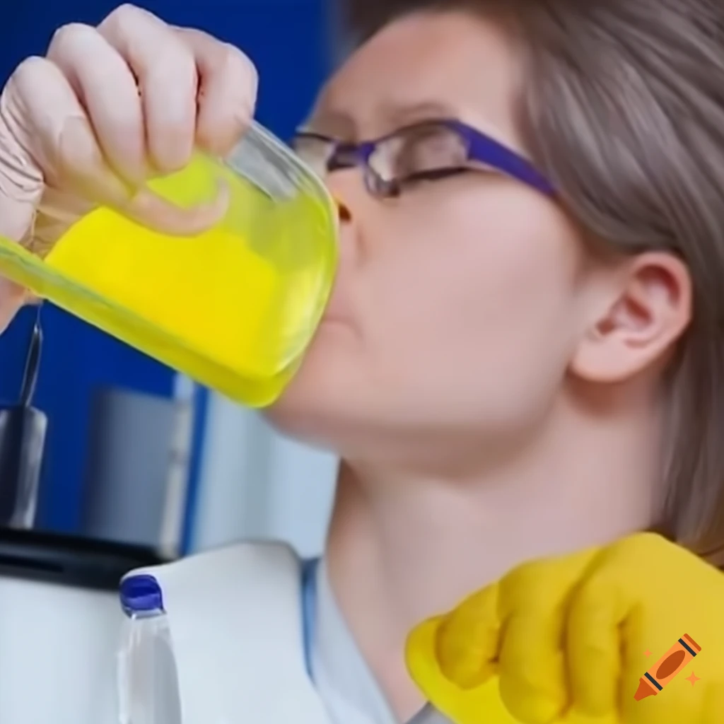 Scientist drinking yellow liquid from an erlenmeyer flask