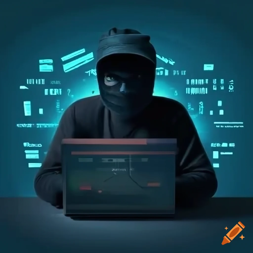 A developer coding in a hat with a cyber ghost on Craiyon