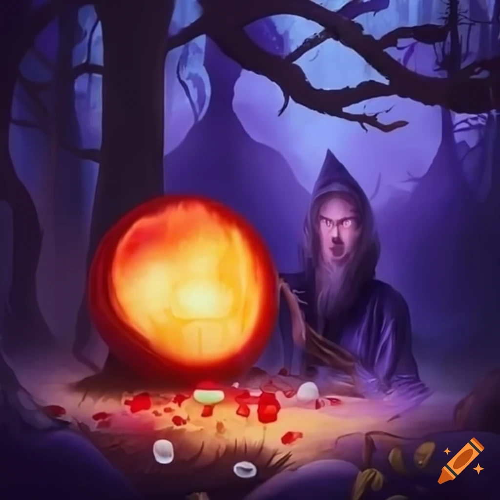 Two wizards podcasting around a glowing orb in an enchanted mushroom forest