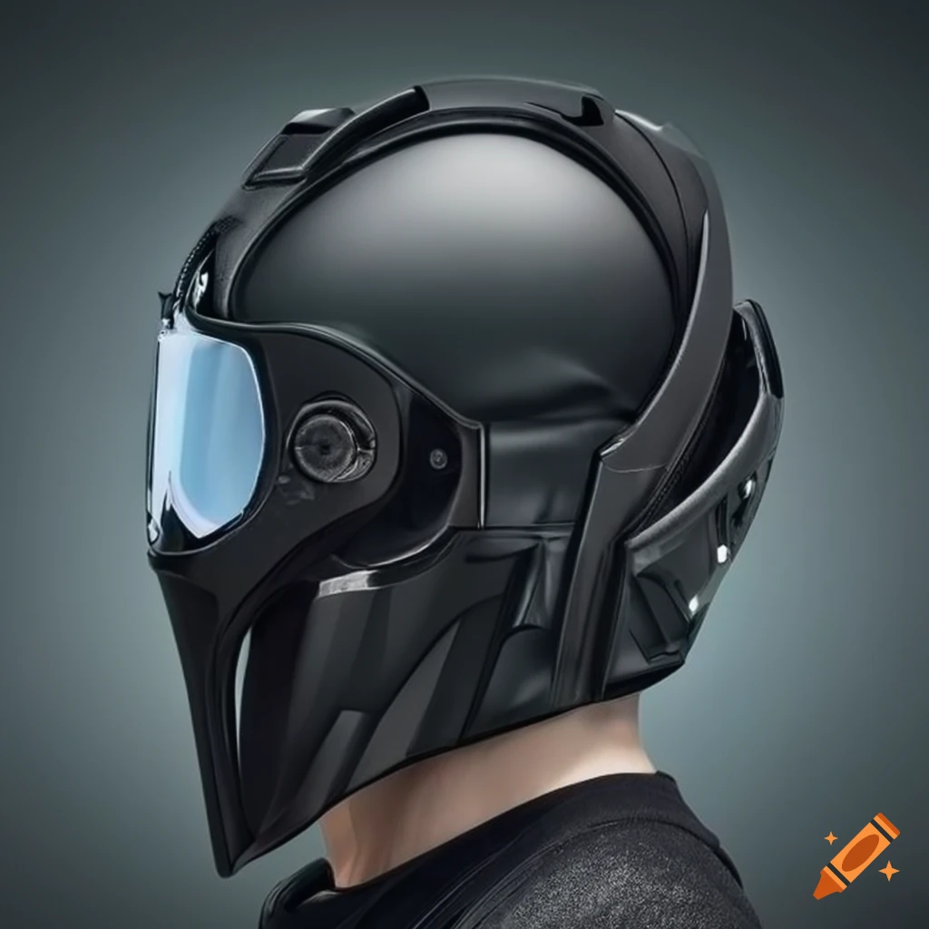 Sleek matt-black symmetrical futuristic intricately detailed full-face ...