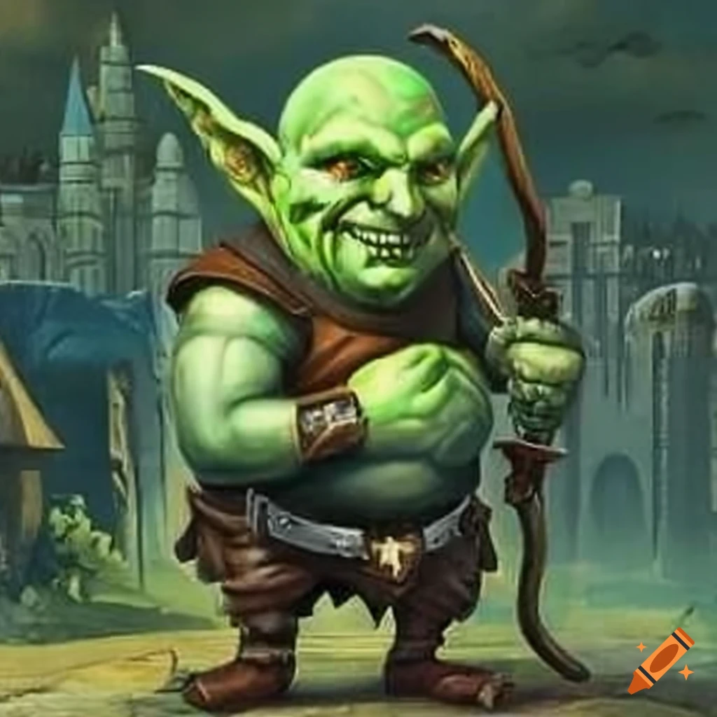 Fat bald green-skinned goblin male archer with a large belly wearing ...