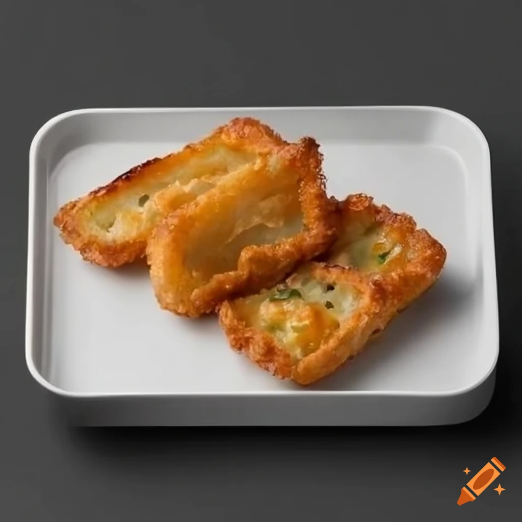 Deep fried rectangular tarts of starched potatoe in a rectangular plate ...