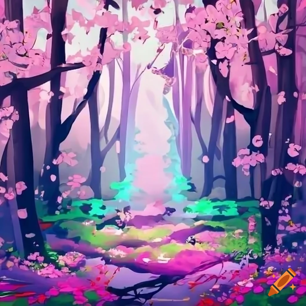 Vibrant anime-style forest in full bloom