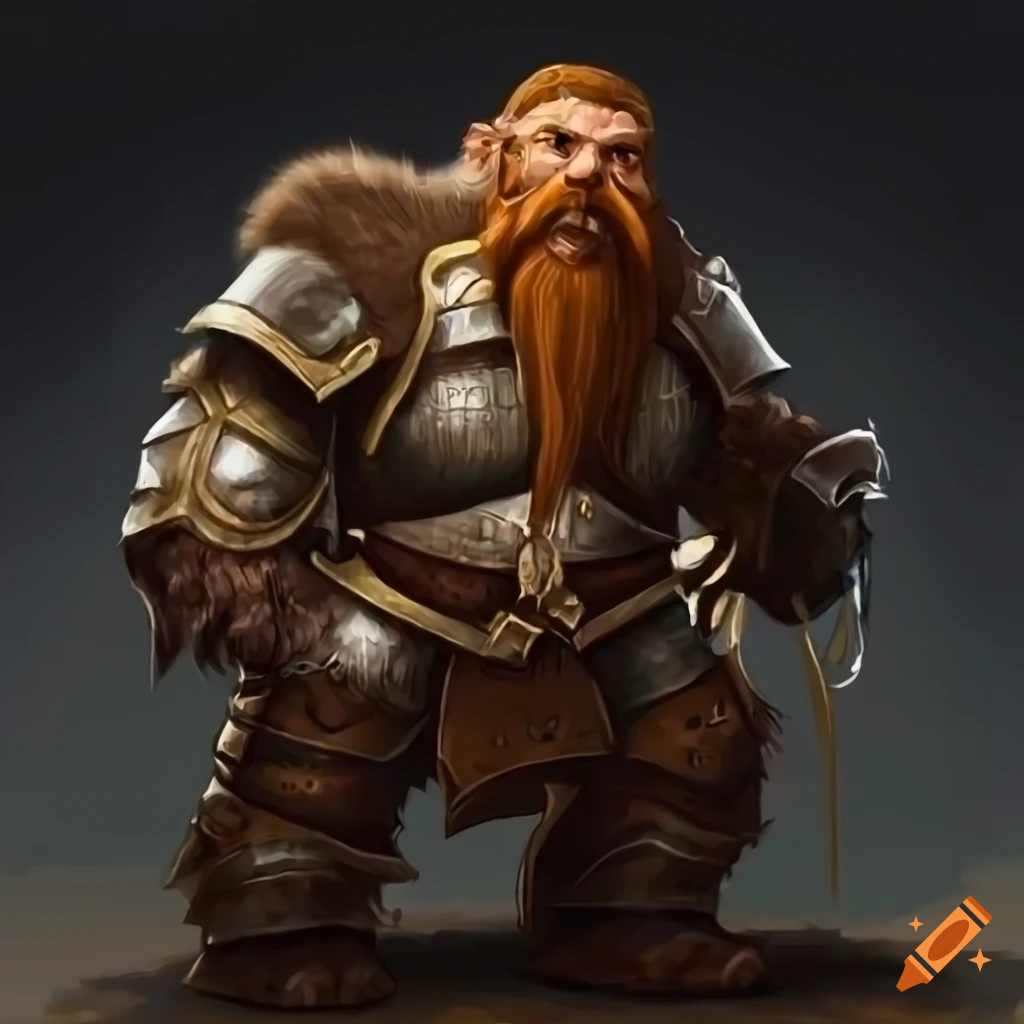 A dwarf with a long brown beard wearing heavy plate armor that has a ...
