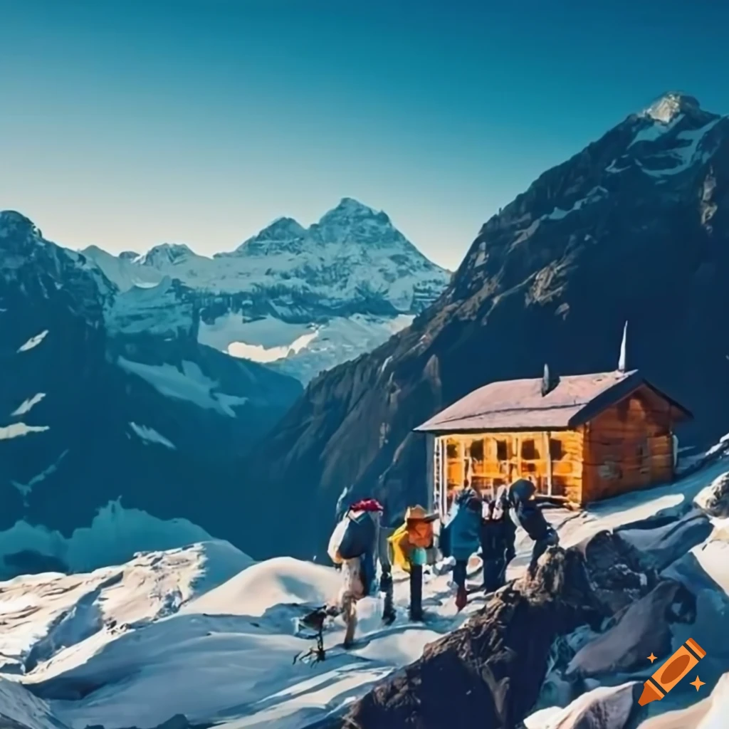 A birthday card showing 4 people hiking up to a alpine club mountain ...