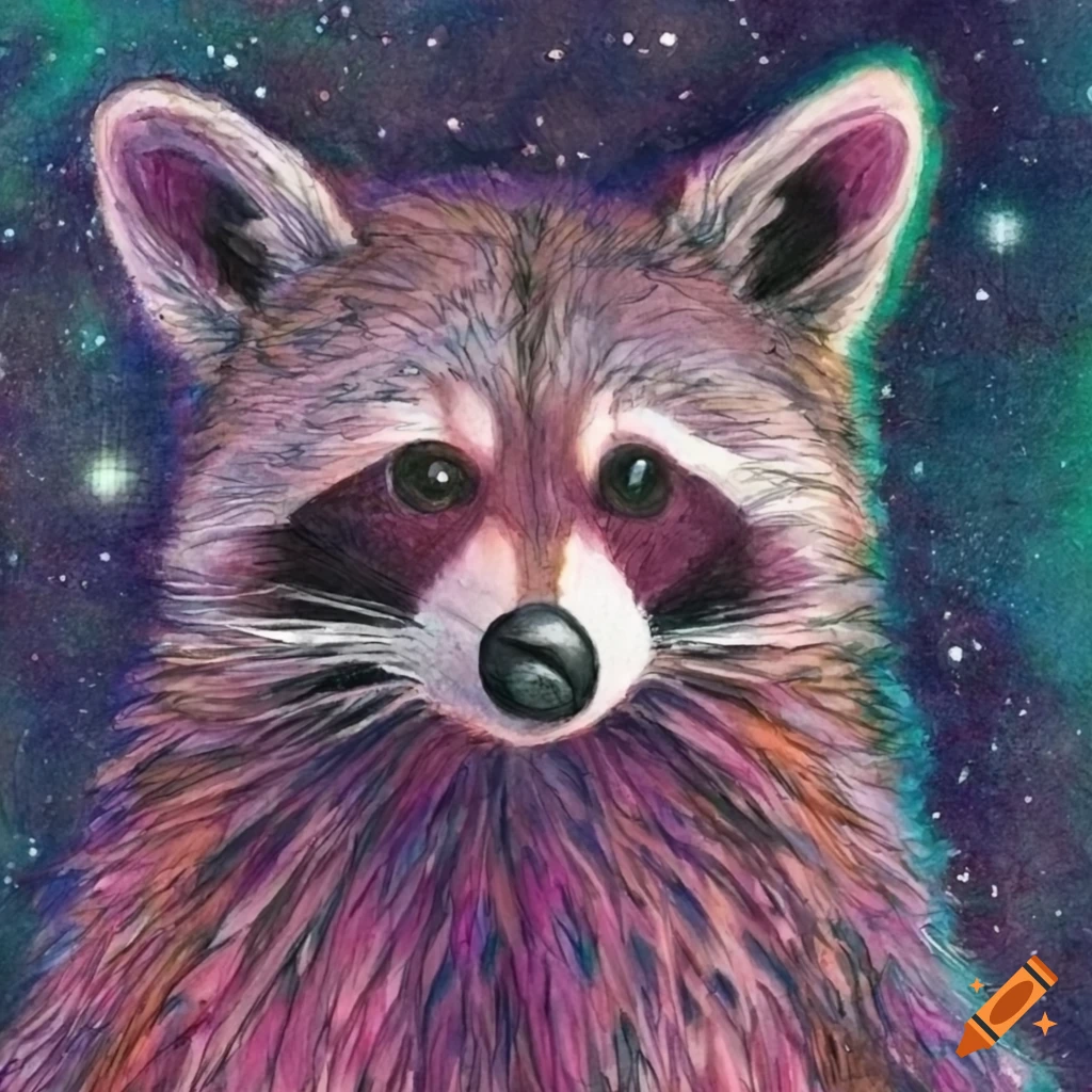 Pink racoon in space. colored pencil style on Craiyon