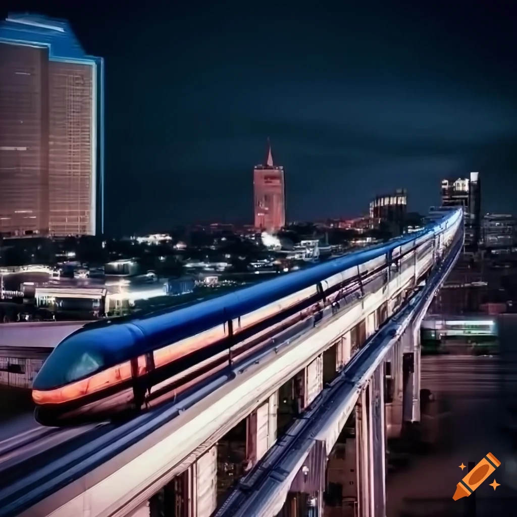 A nightly view of Las Vegas monorail. The monorail crossing a bridge ...