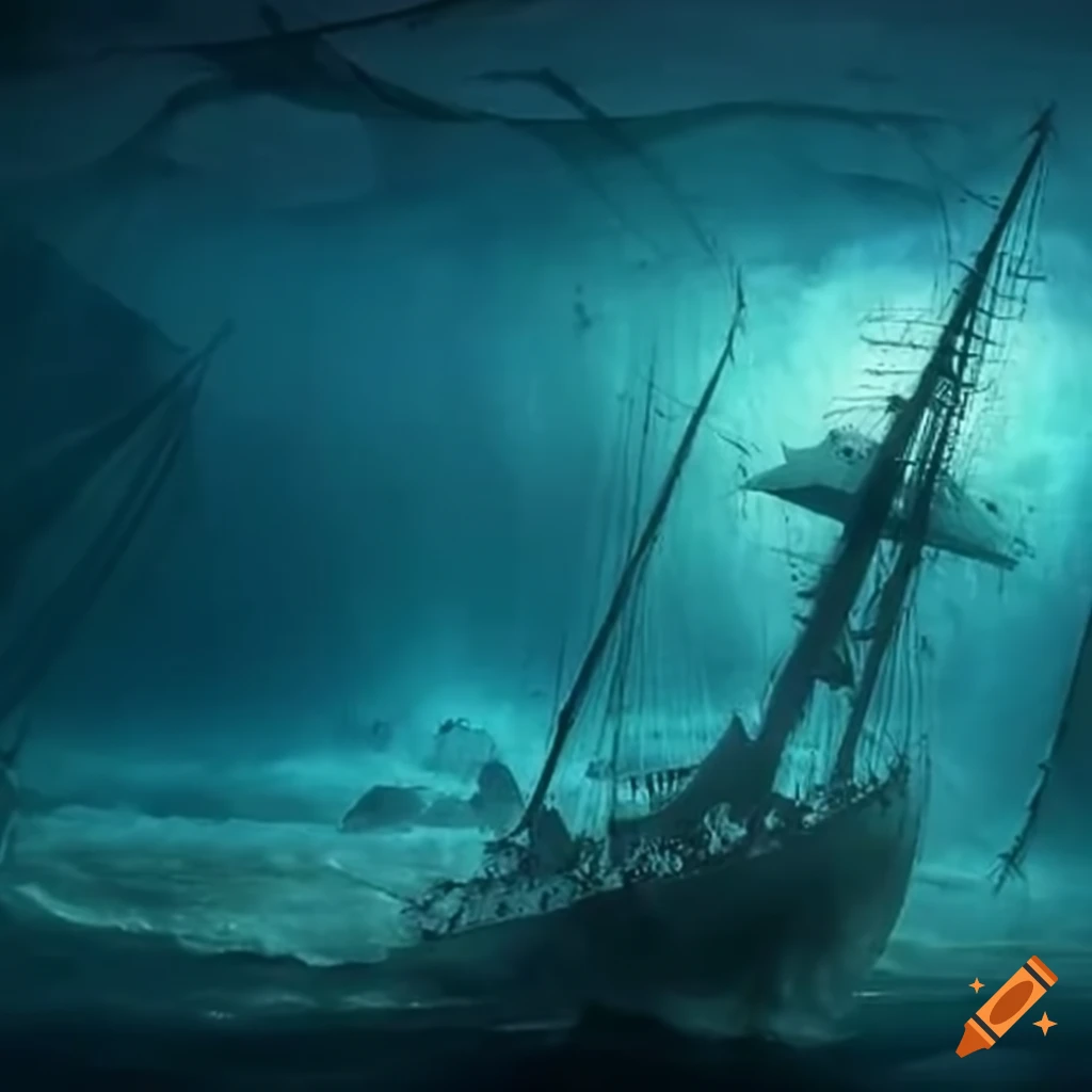 Mysterious scene depicting a lost ship at the sea
