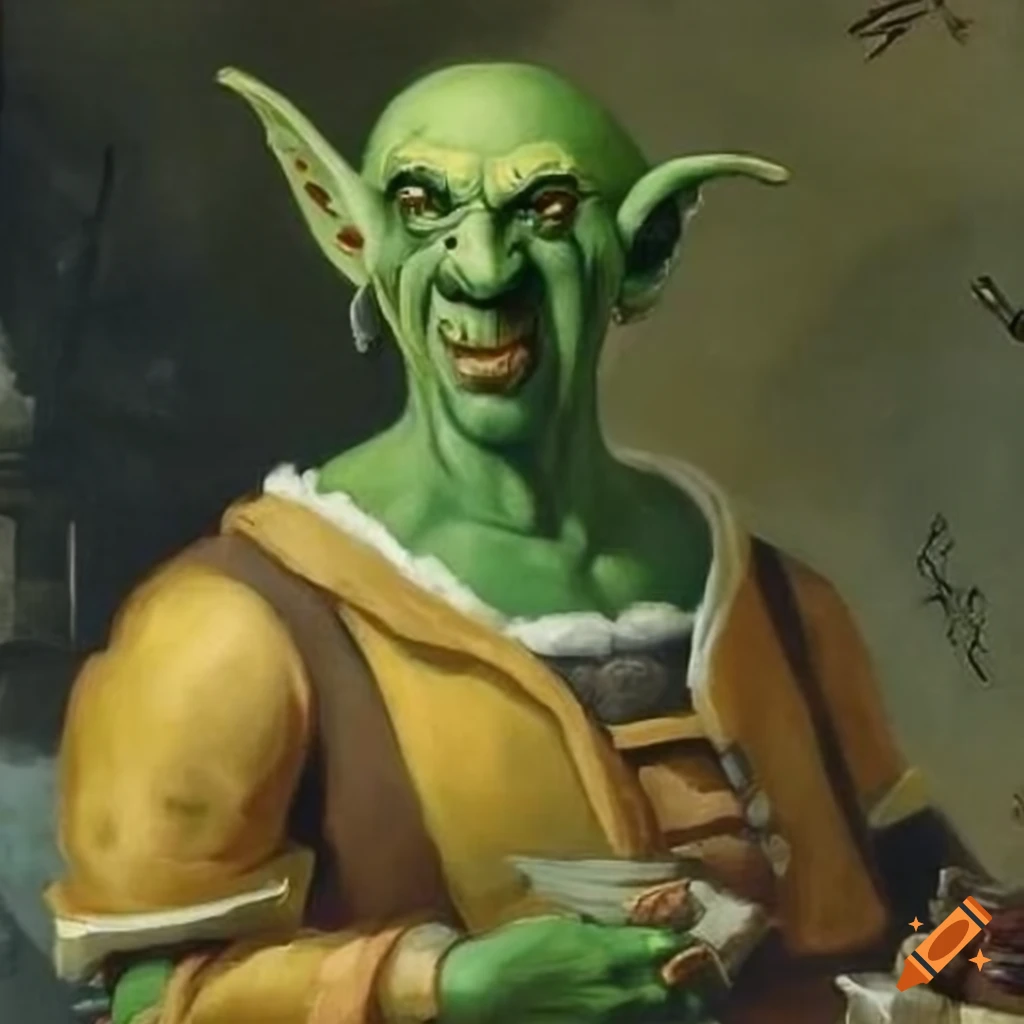 Fat bald green-skinned goblin male with a large belly wearing merchants ...